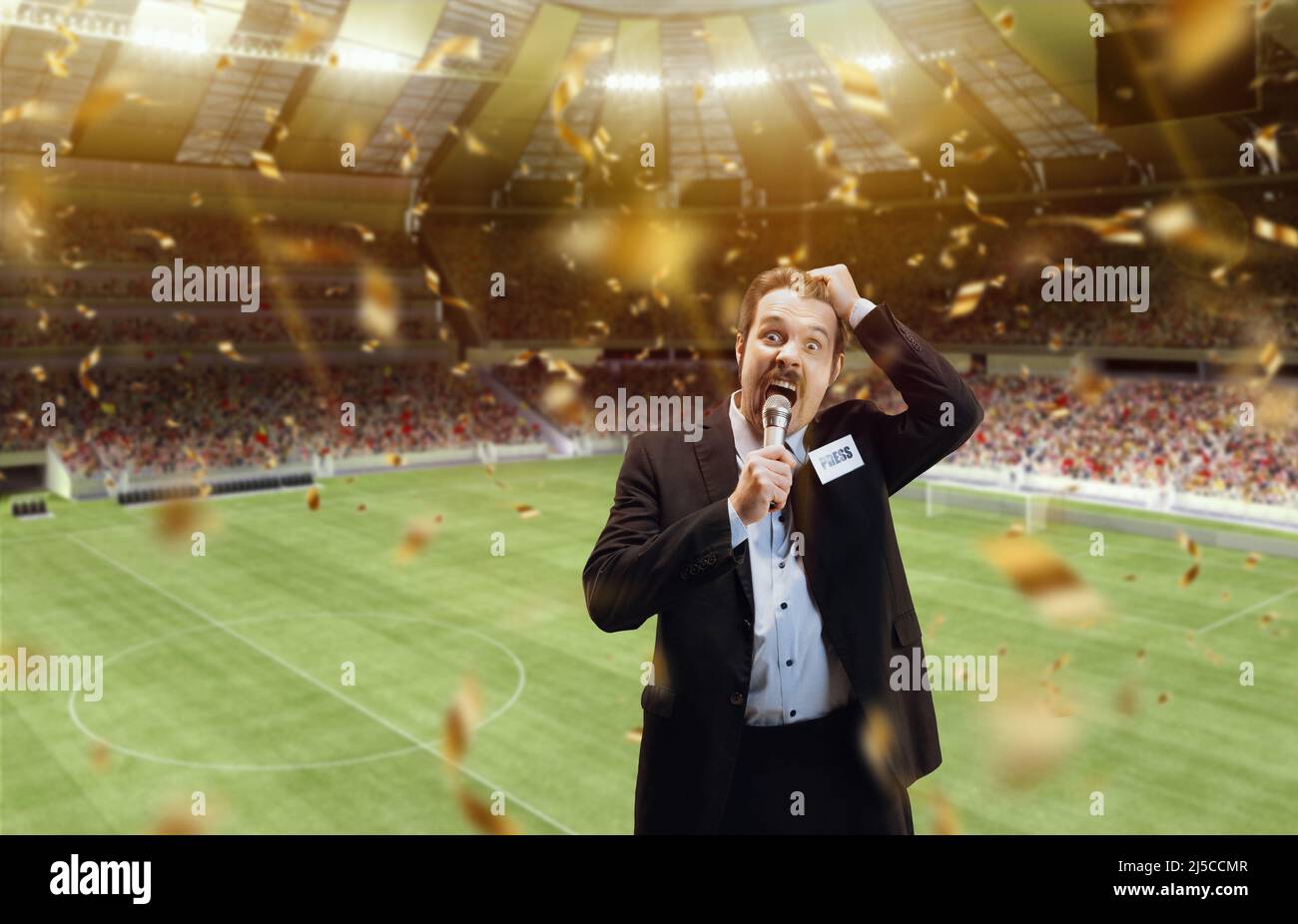 Excited man, professional sport commentator having online broadcast of ...