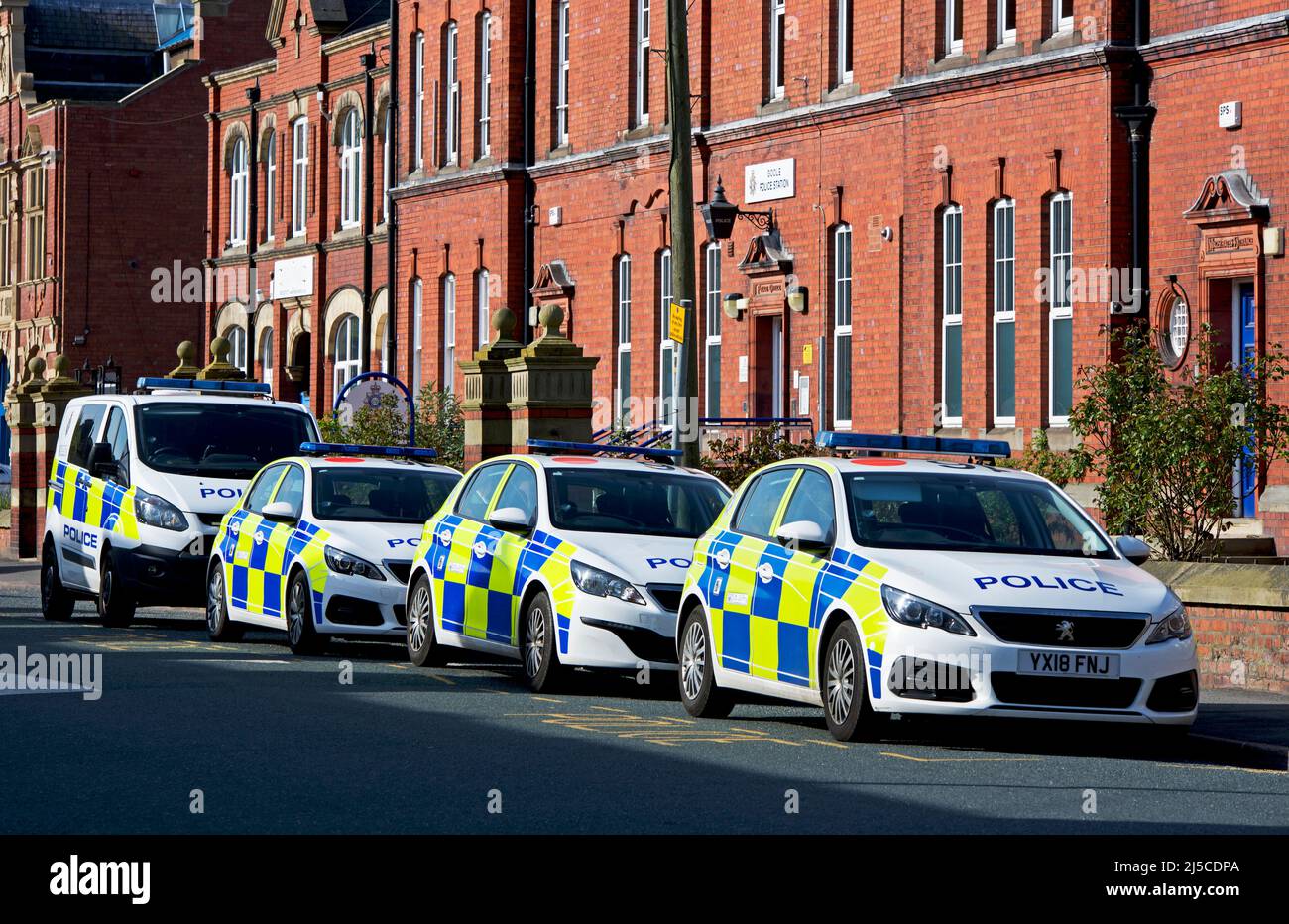 Poliice cars parked outside police station in Goole, East Yorkshire ...