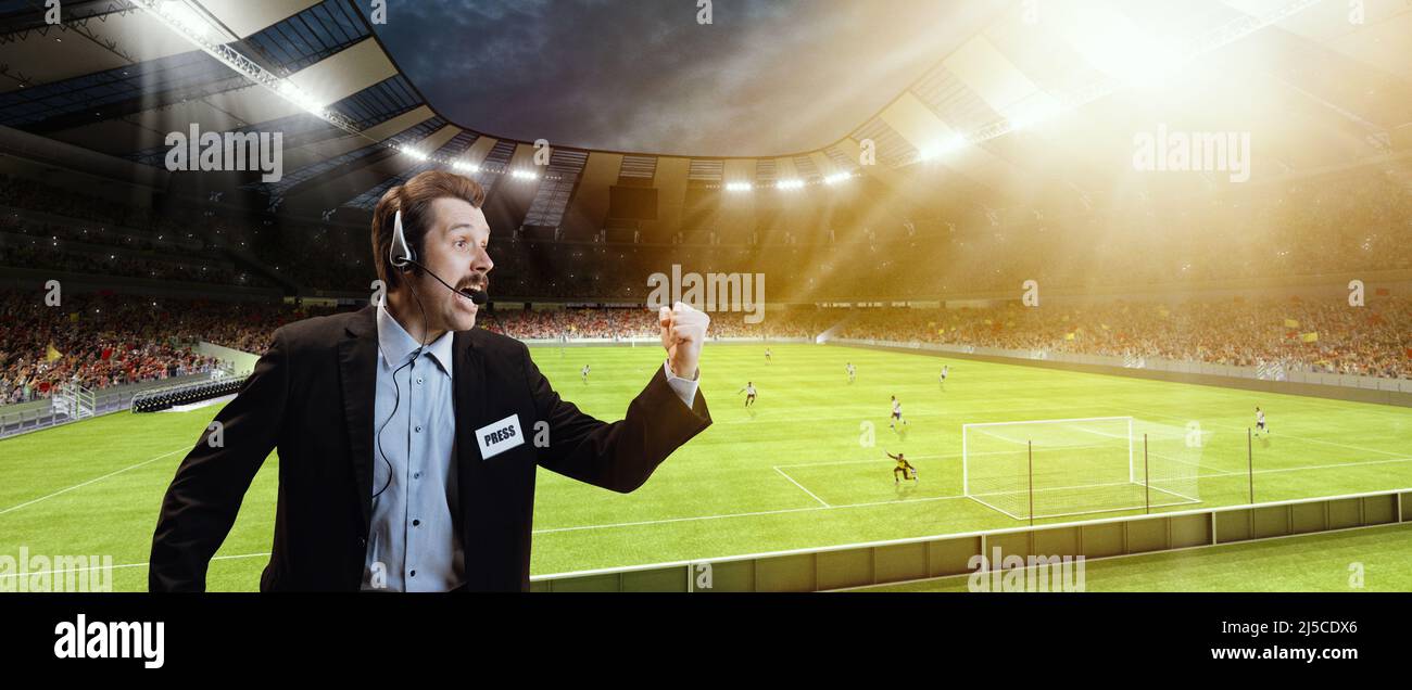 Emotional man, professional sport commentator, pressman during football ...
