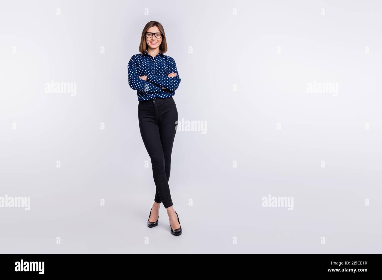 Full size photo of positive gorgeous person standing crossed arms ...