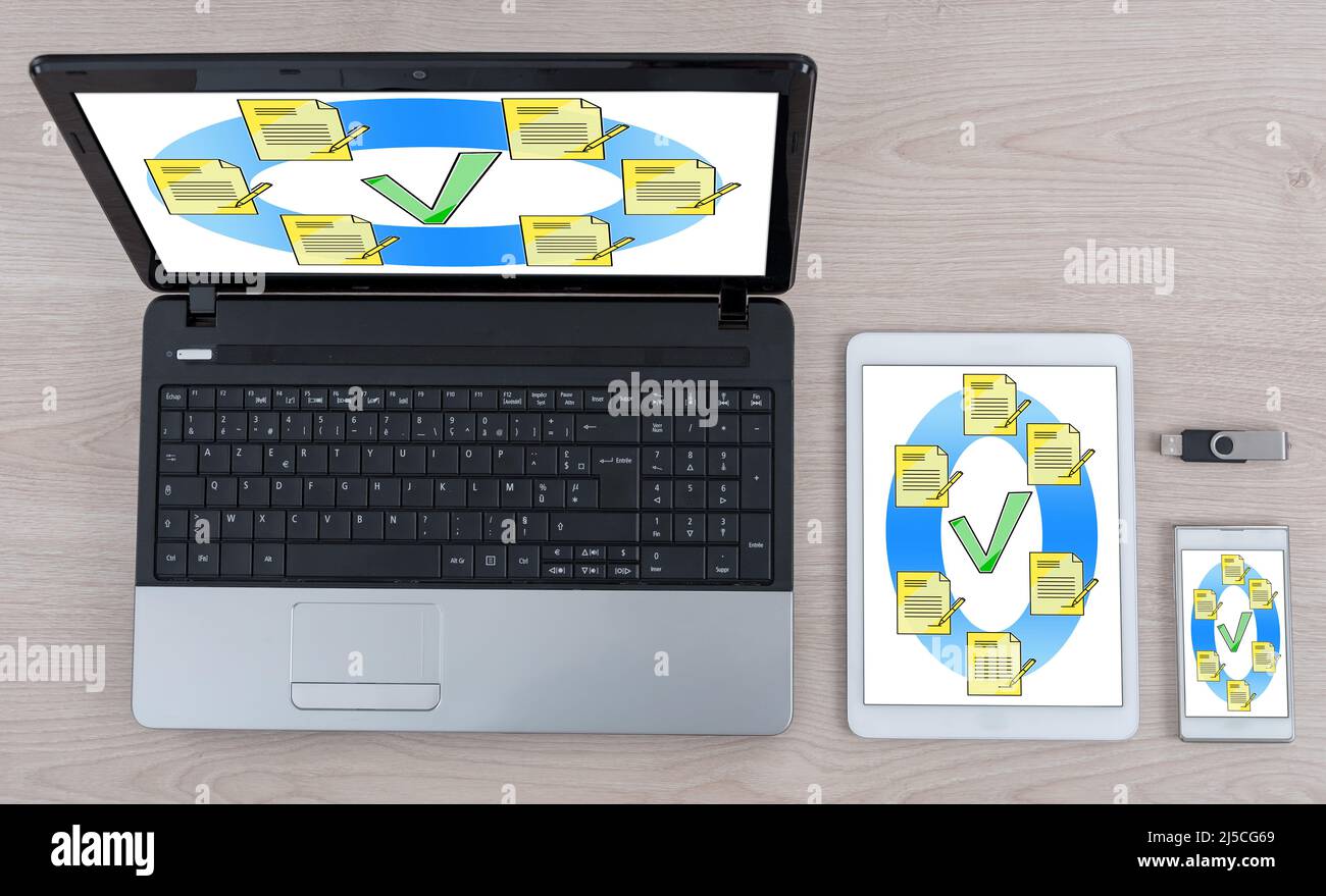 Document validation concept shown on different information technology ...