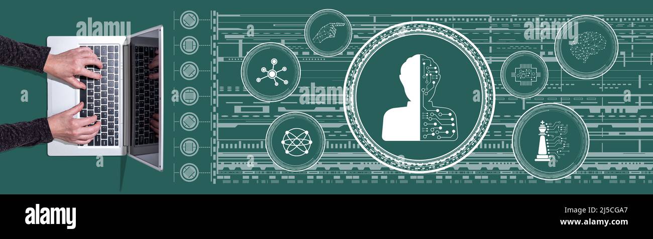 Top view of hands using laptop with symbol of artificial intelligence ...