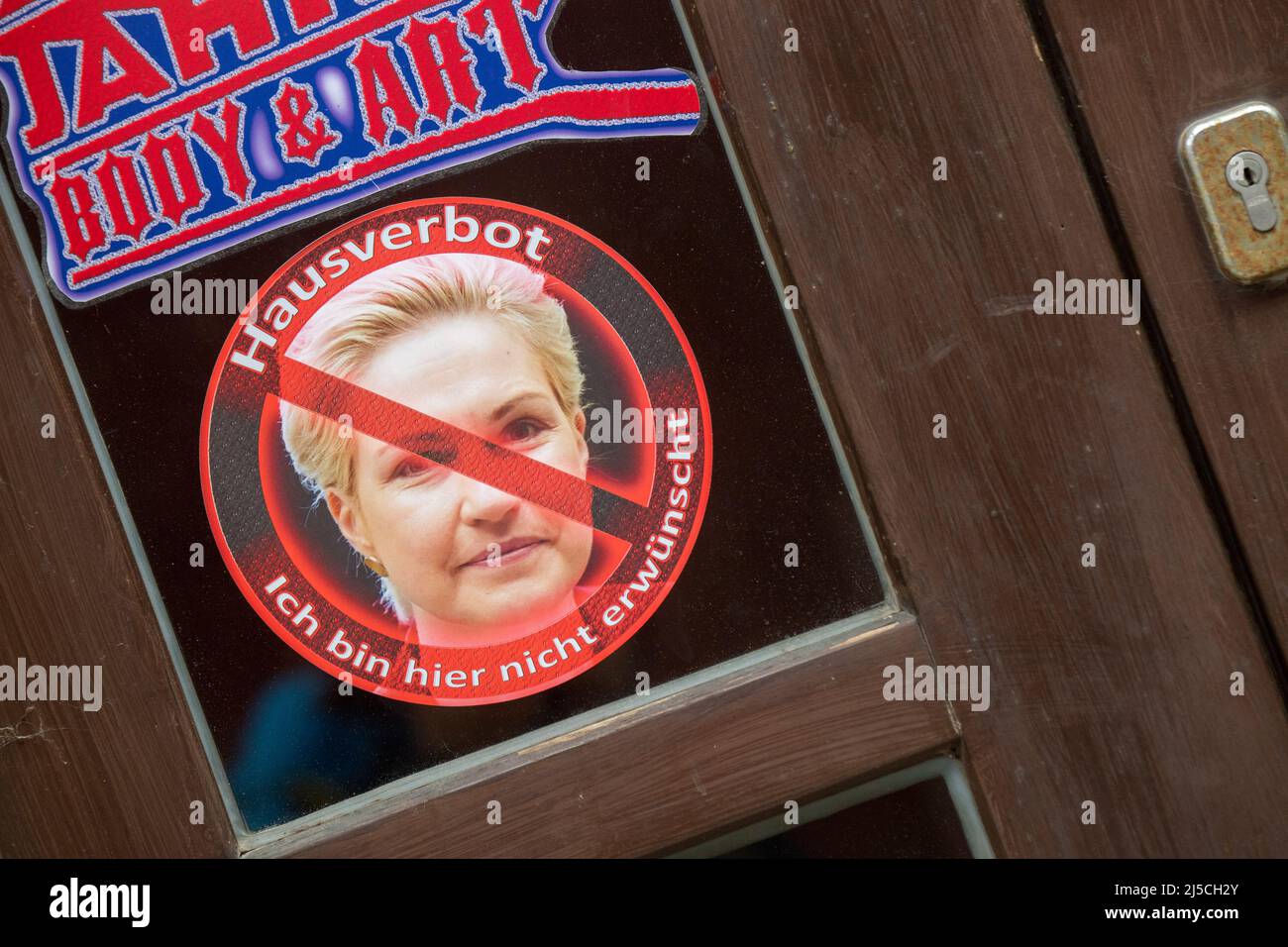 Stalsund, Germany. 22nd Apr, 2022. A sticker with the words "Hausverbot ...