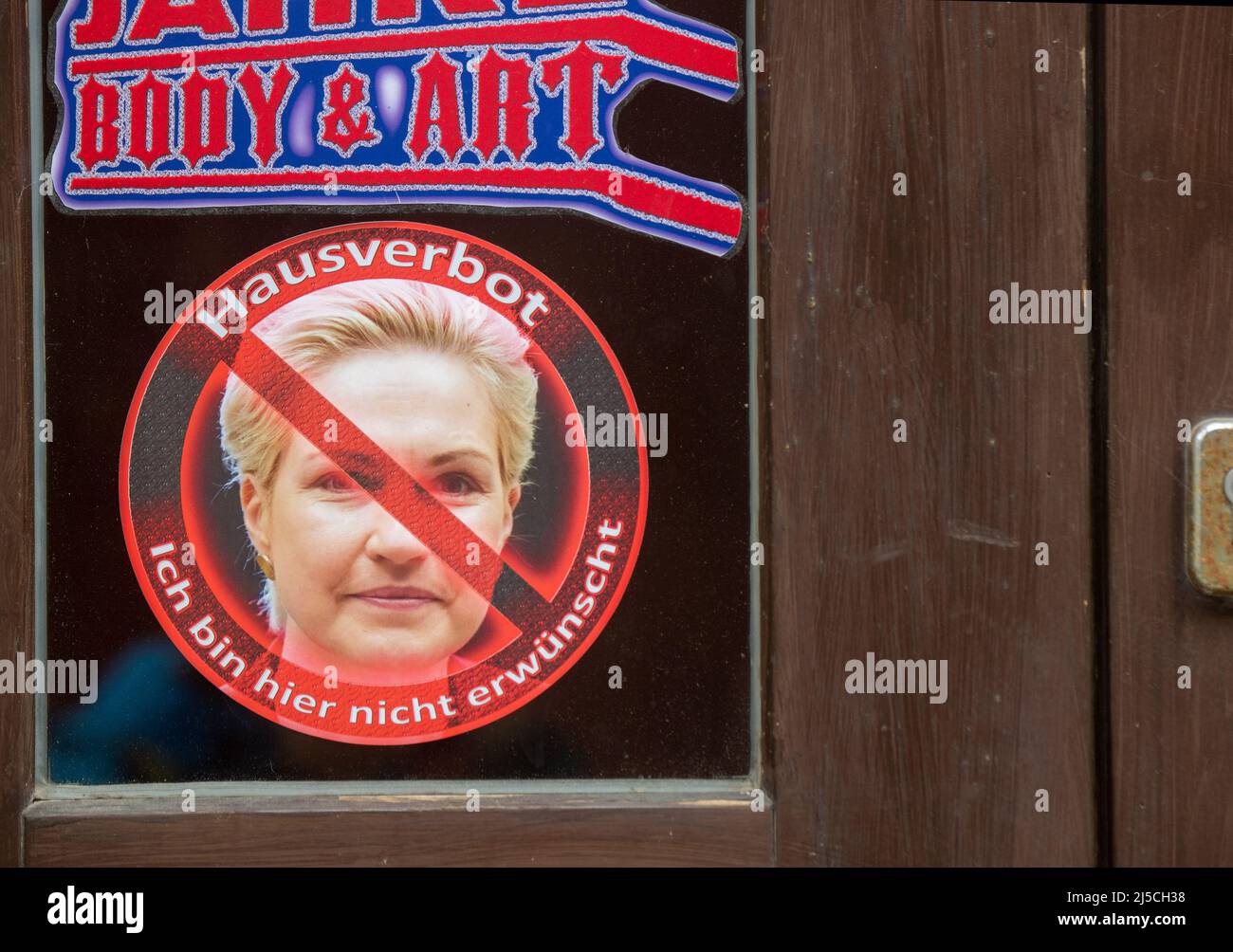 Stalsund, Germany. 22nd Apr, 2022. A sticker with the words "Hausverbot ...