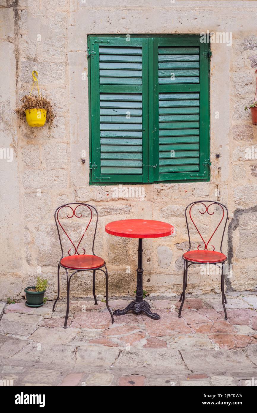 Colorful street in Old town of Kotor on a sunny day, Montenegro Stock ...
