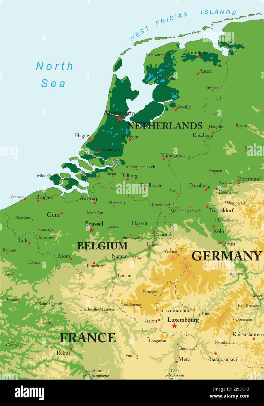 Highly detailed physical map of Benelux in vector format,with states ...