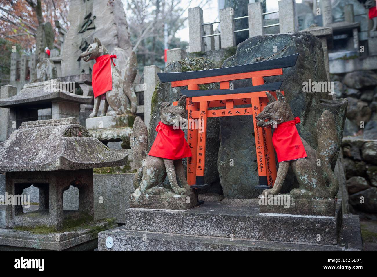 Dec. 24, 2017, Kyoto, Japan, Asia - Stone statues depict Inari Okami ...