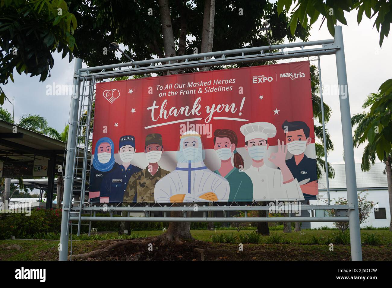 Apr. 18, 2021, Singapore, Republic of Singapore, Asia - A banner on the ...