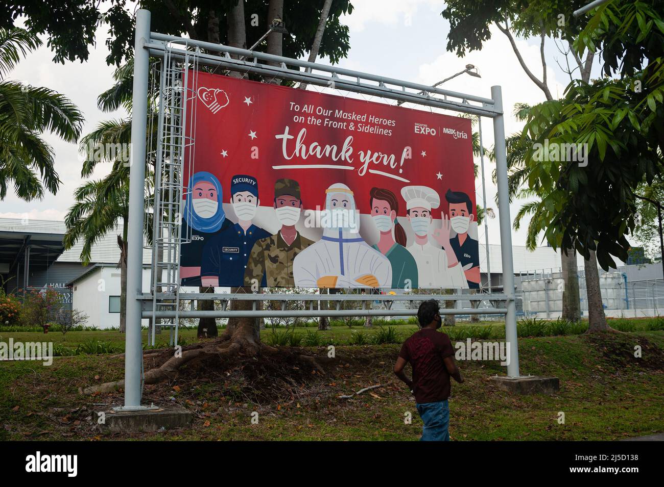 Apr. 18, 2021, Singapore, Republic of Singapore, Asia - A banner on the ...