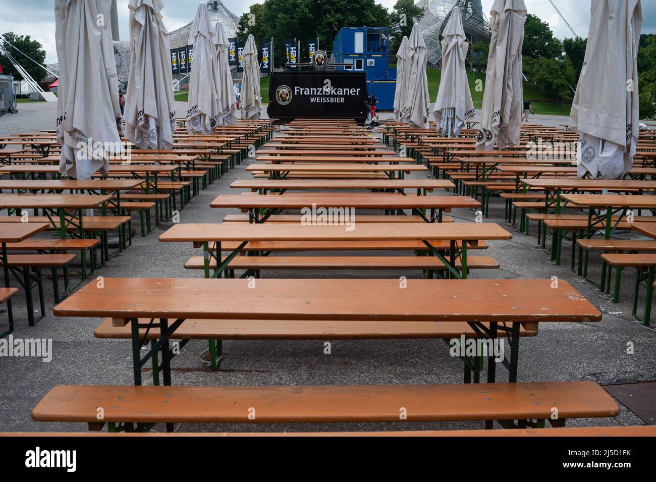 23.06.2019, Munich, Bavaria, Germany, Europe - Empty benches and tables ...