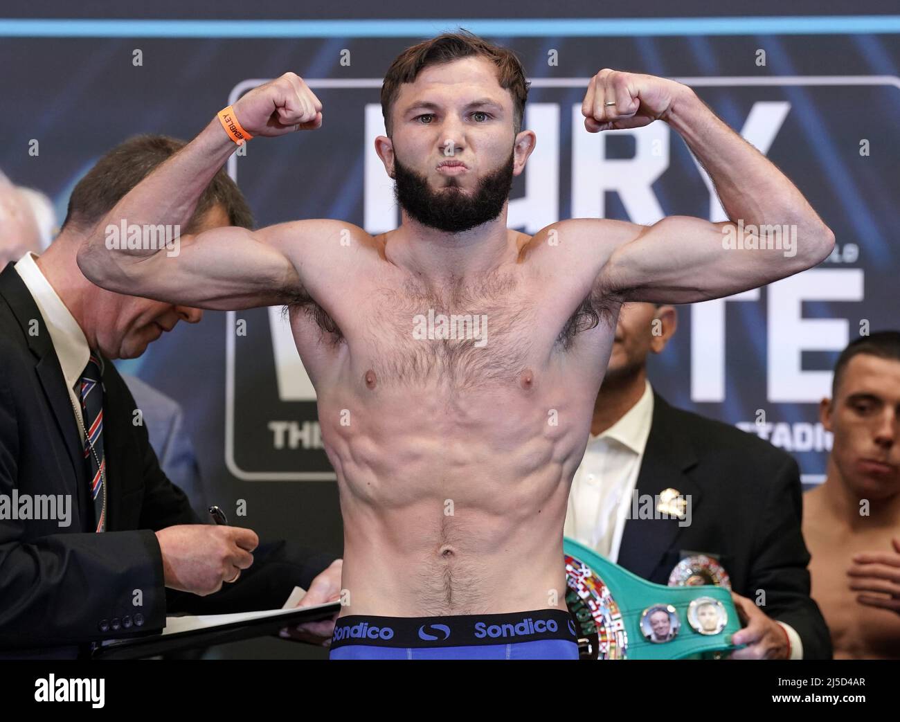 Isaac Lowe during the weigh in at BOXPARK Wembley, London. Picture date ...
