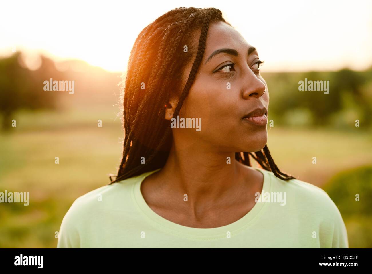 Black woman with pigtails posing and looking aside while standing ...