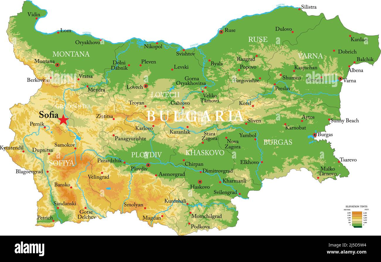 Highly detailed physical map of the Bulgaria, in vector format,with all ...