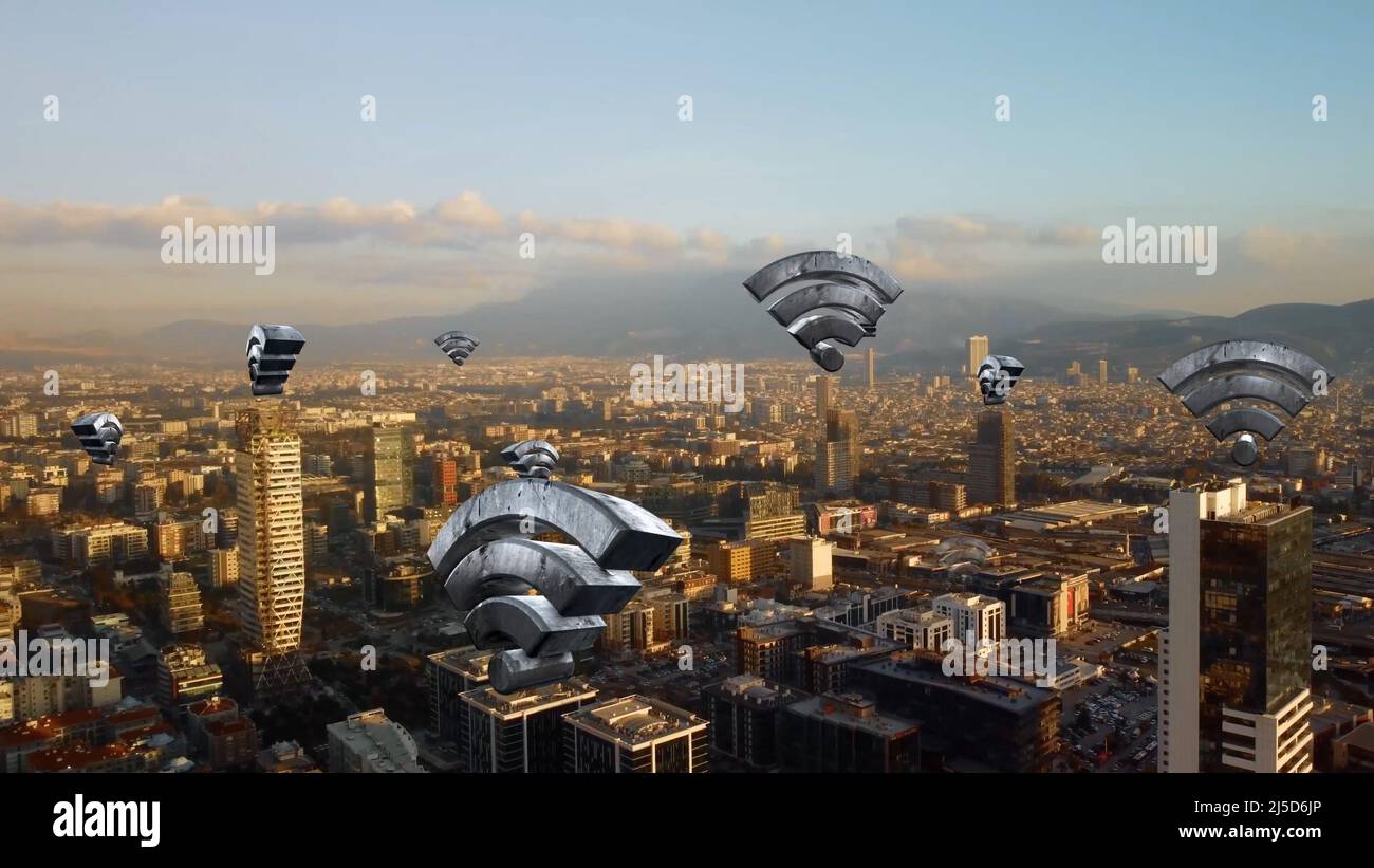 Aerial city connected through 5G. Wireless network, mobile technology ...