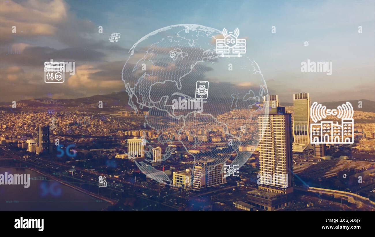 Aerial view of izmir Skyline with connections. Technology-Futuristic ...