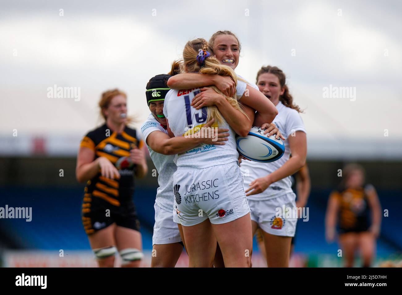Exeter Chiefs Rugby Women celebrate scoring a try Stock Photo - Alamy