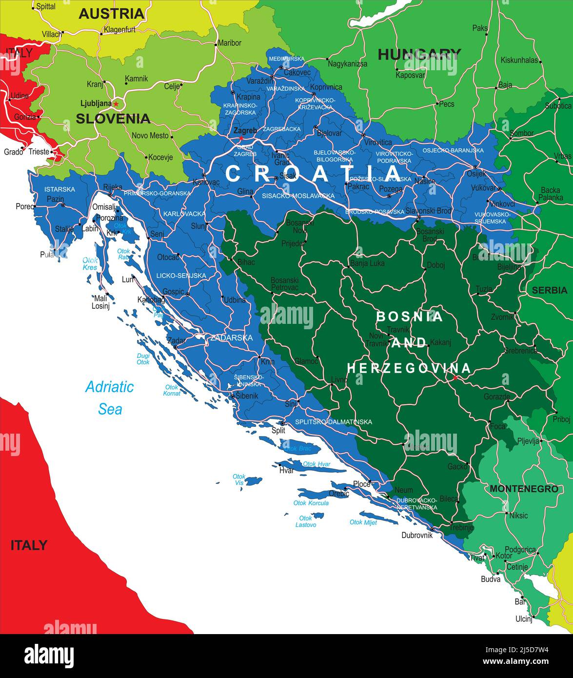 Highly detailed vector map of Croatia with administrative regions,main ...