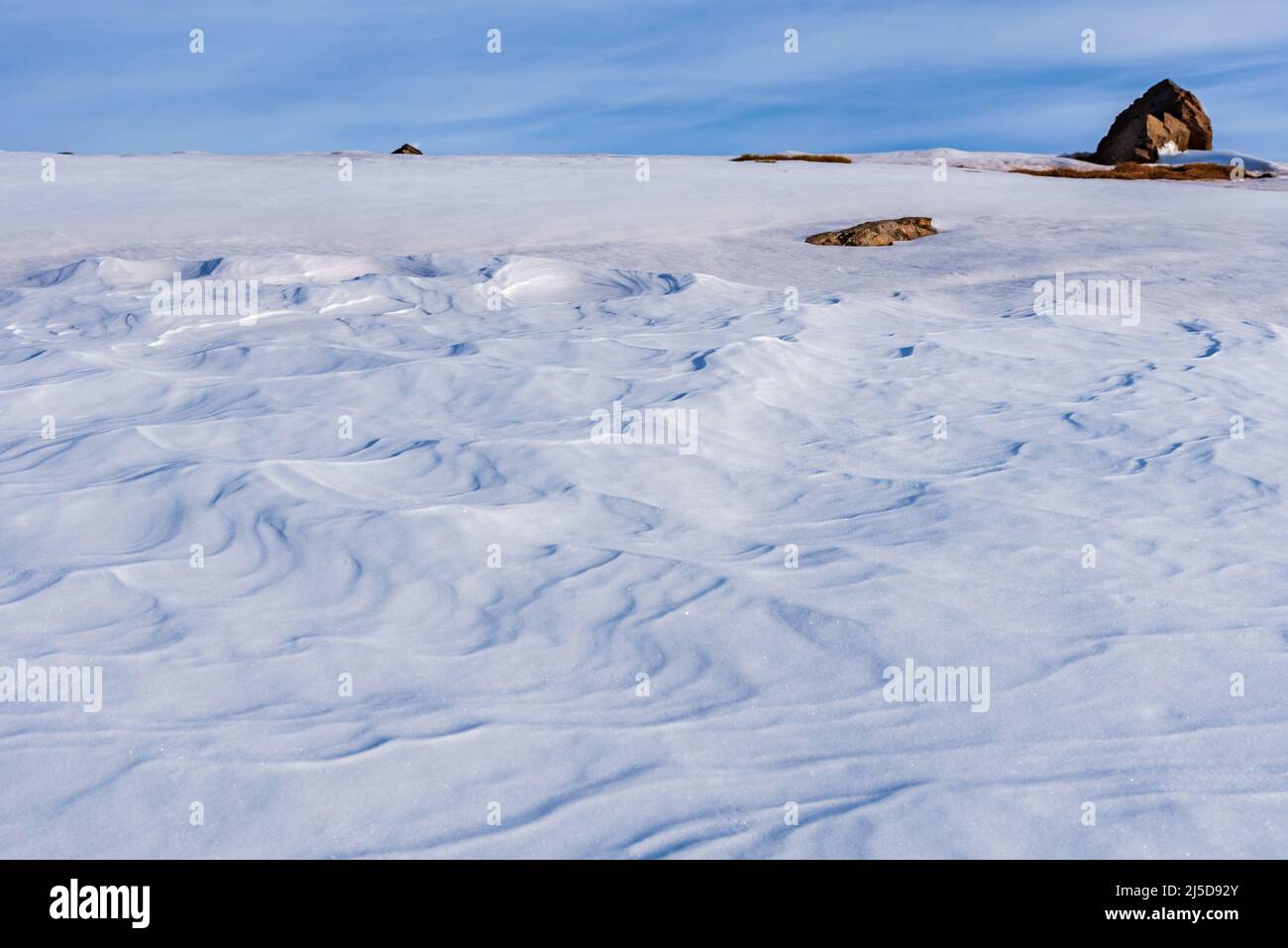Snow eroded by action of the wind, also called Sastrugi, on a hill in ...