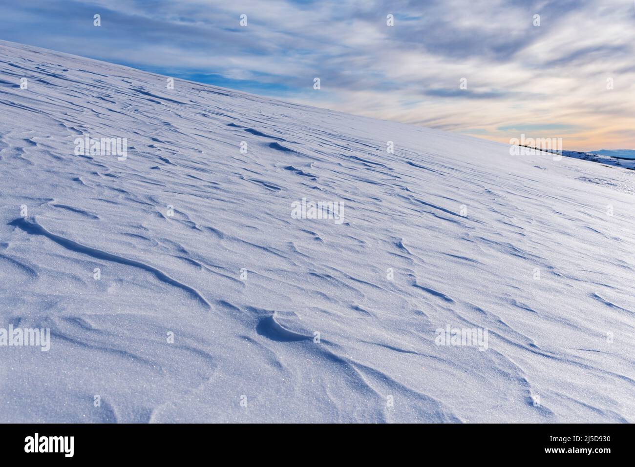 Snow eroded by the action of the wind, also called Sastrugi, on a hill ...