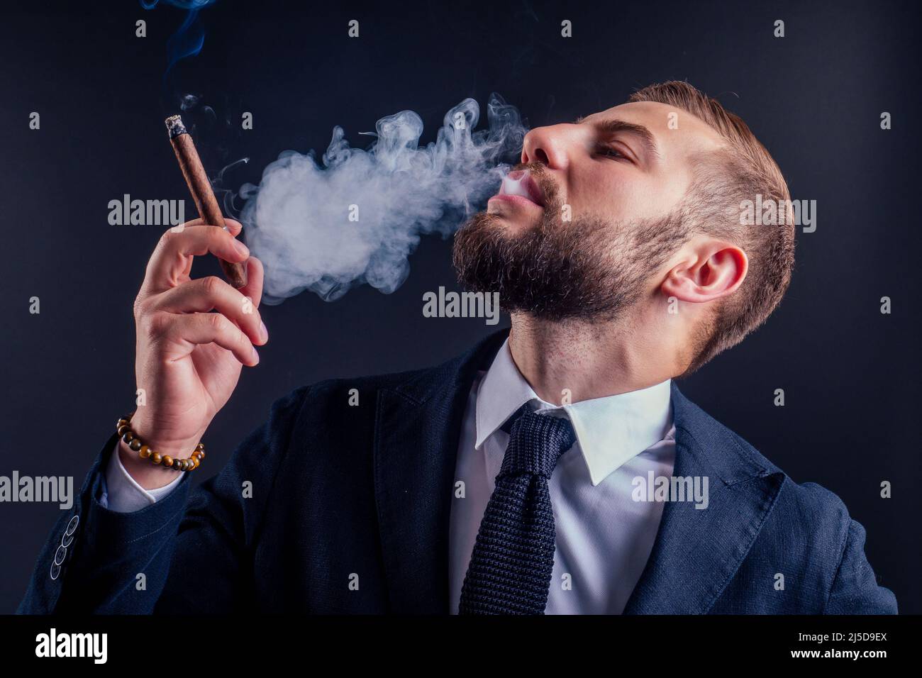 Portrait of an attractive business man with a cigar in black background ...