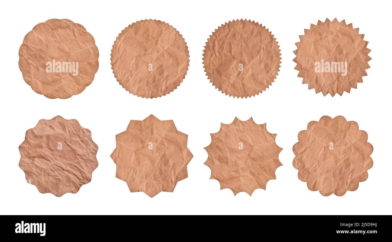 Group of blank recycled paper round labels isolated on white background ...