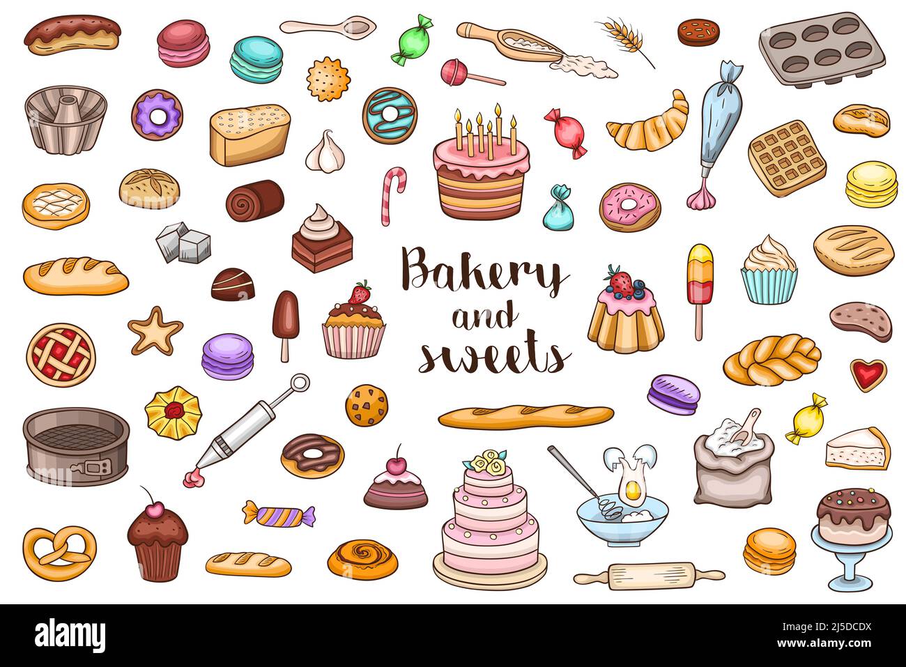 Set of hand drawn bakery and sweets doodles on a white background Stock ...