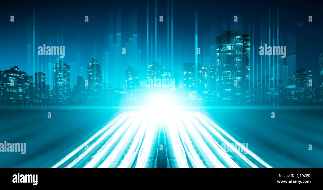 Futuristic City Building Skyline. Traffic light trail to Cityscape ...