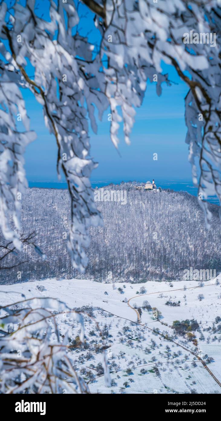 Germany, Old castle teck on swabian alb mountain teckberg covered with ...