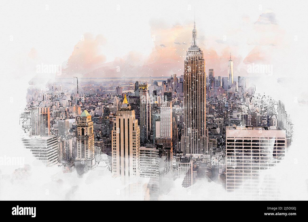 New York City skyline with skyscrapers, watercolor drawing Stock Photo ...