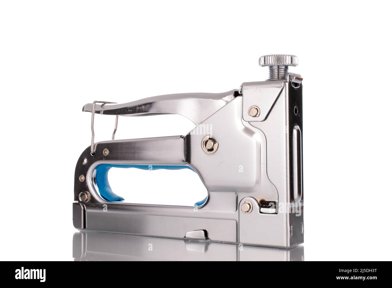 One metal stapler with staples, close-up, isolated on a white ...