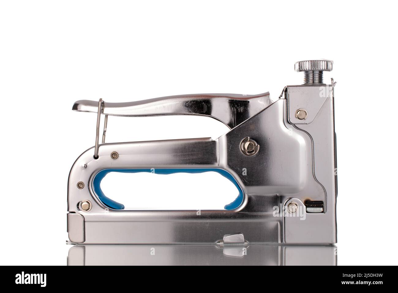 One metal stapler with staples, close-up, isolated on a white ...