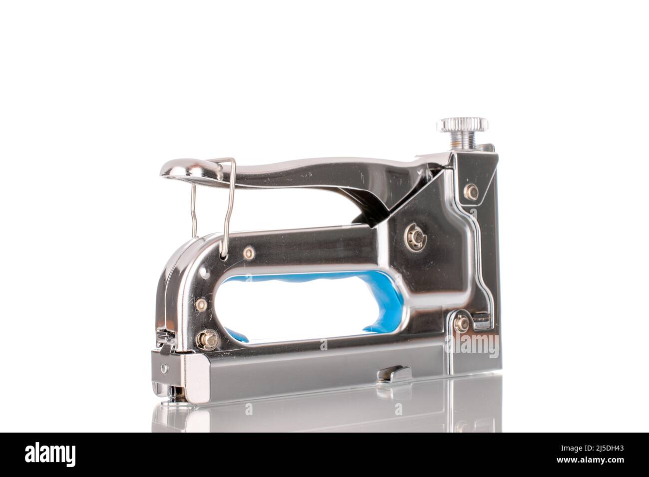 One metal stapler with staples, close-up, isolated on a white ...