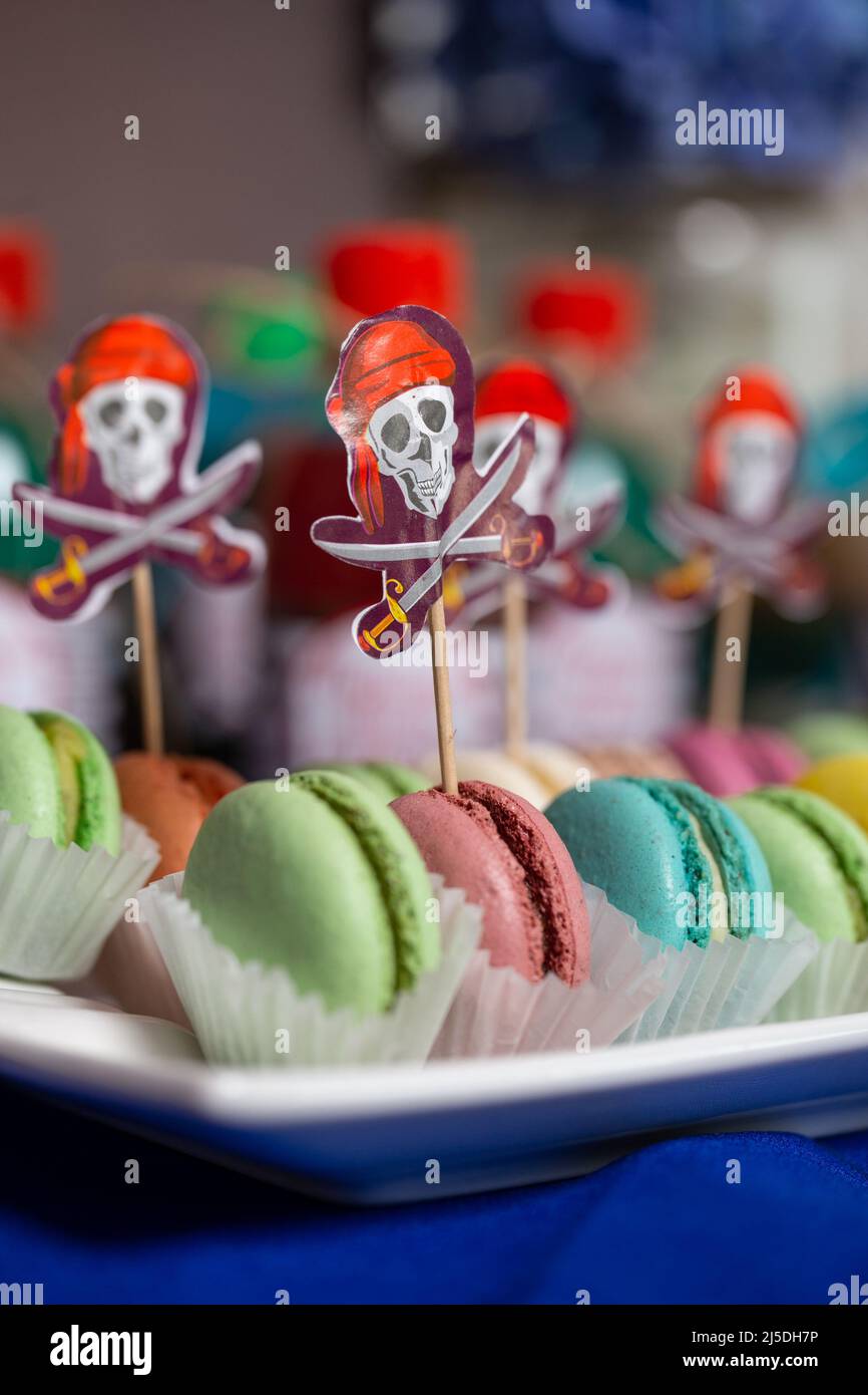 Colorful macaroons in a candy bar at a children's party with pirates ...