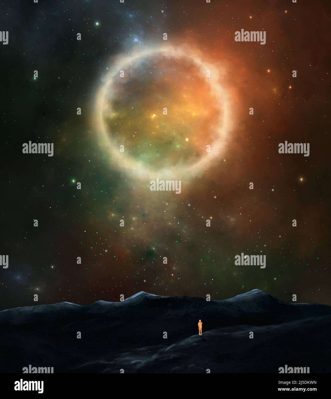 Fantasy space background. Colorful nebula with glowing circle and shine ...