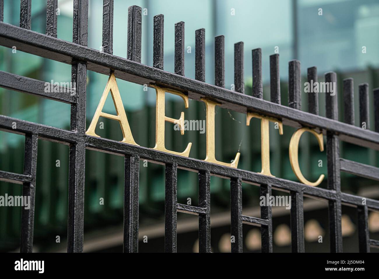 22 April 2022. The gates with the logo of the (AELTC) All England Lawn ...