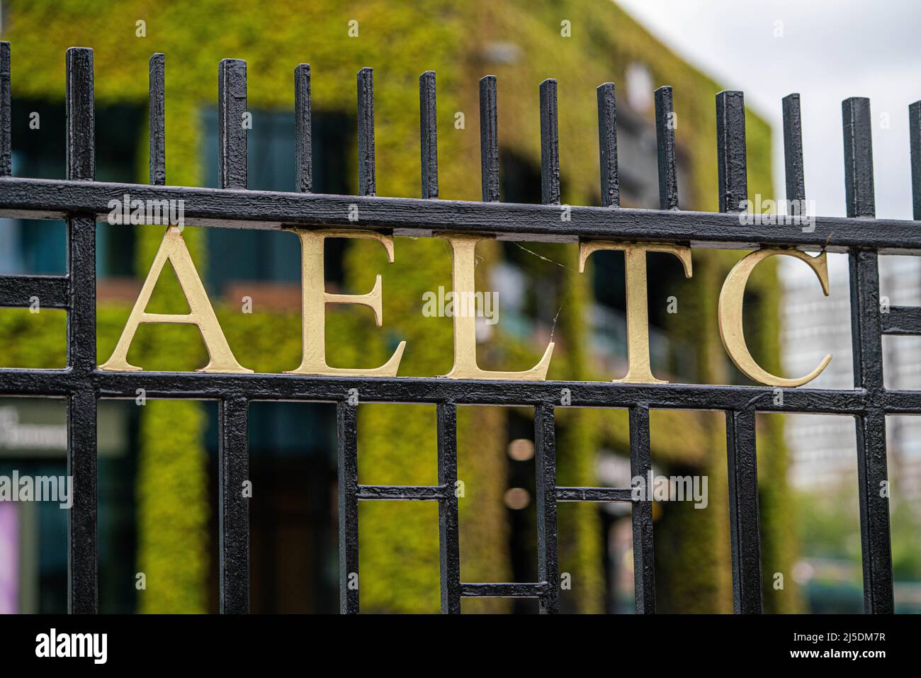 22 April 2022. The gates with the logo of the (AELTC) All England Lawn ...
