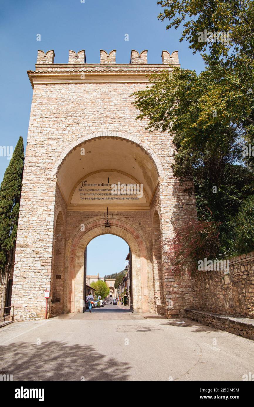 Gate entrance to the town of Assisi, Umbria, Italy. Porta Nuova of ...
