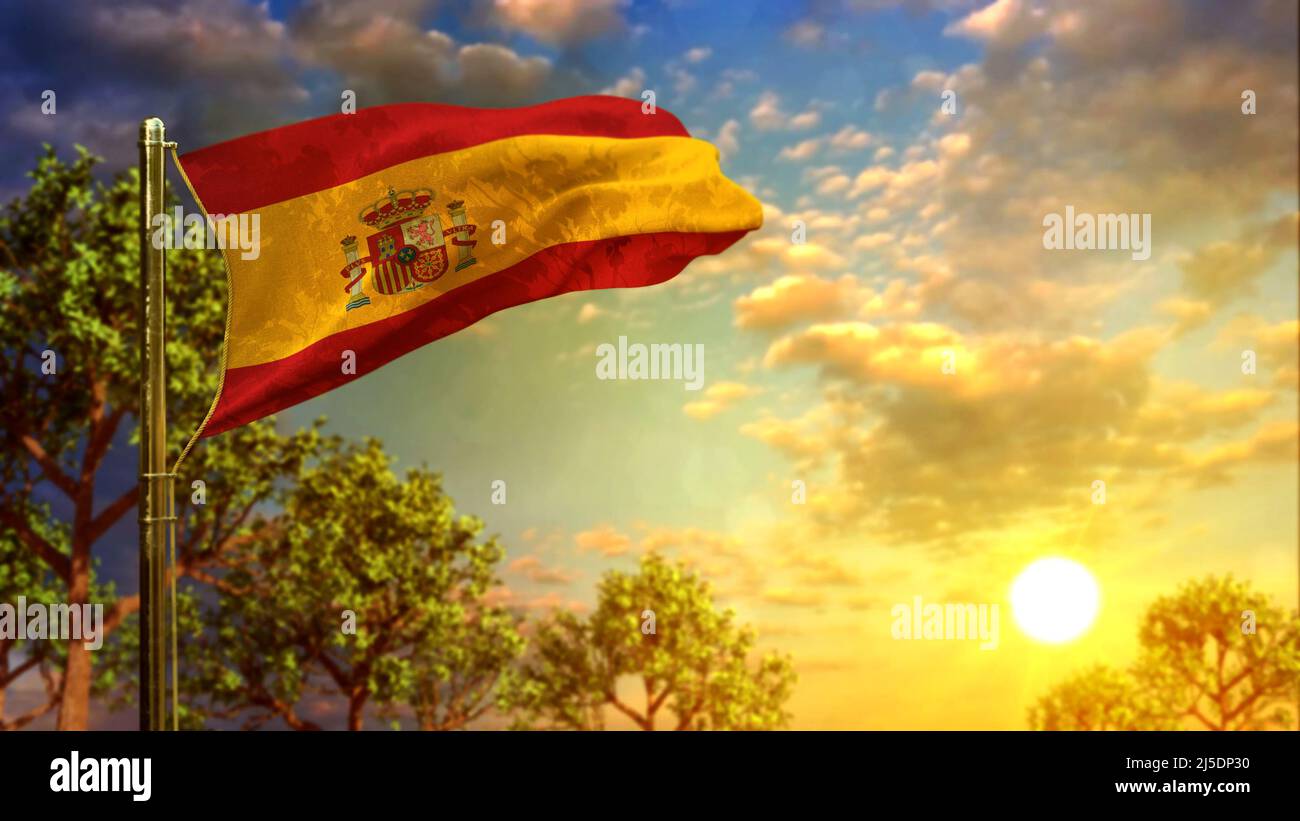 waving flag of Spain at sundown for memorial day - abstract 3D ...