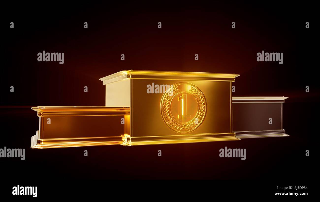 goldish metal winners award pedestal on dark background, isolated ...