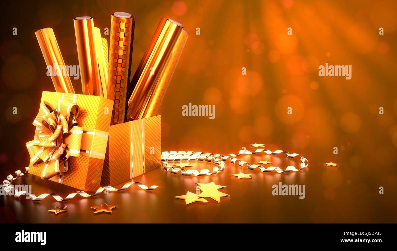 golden present wrapping paper and gift on festal backdrop - abstract 3D ...