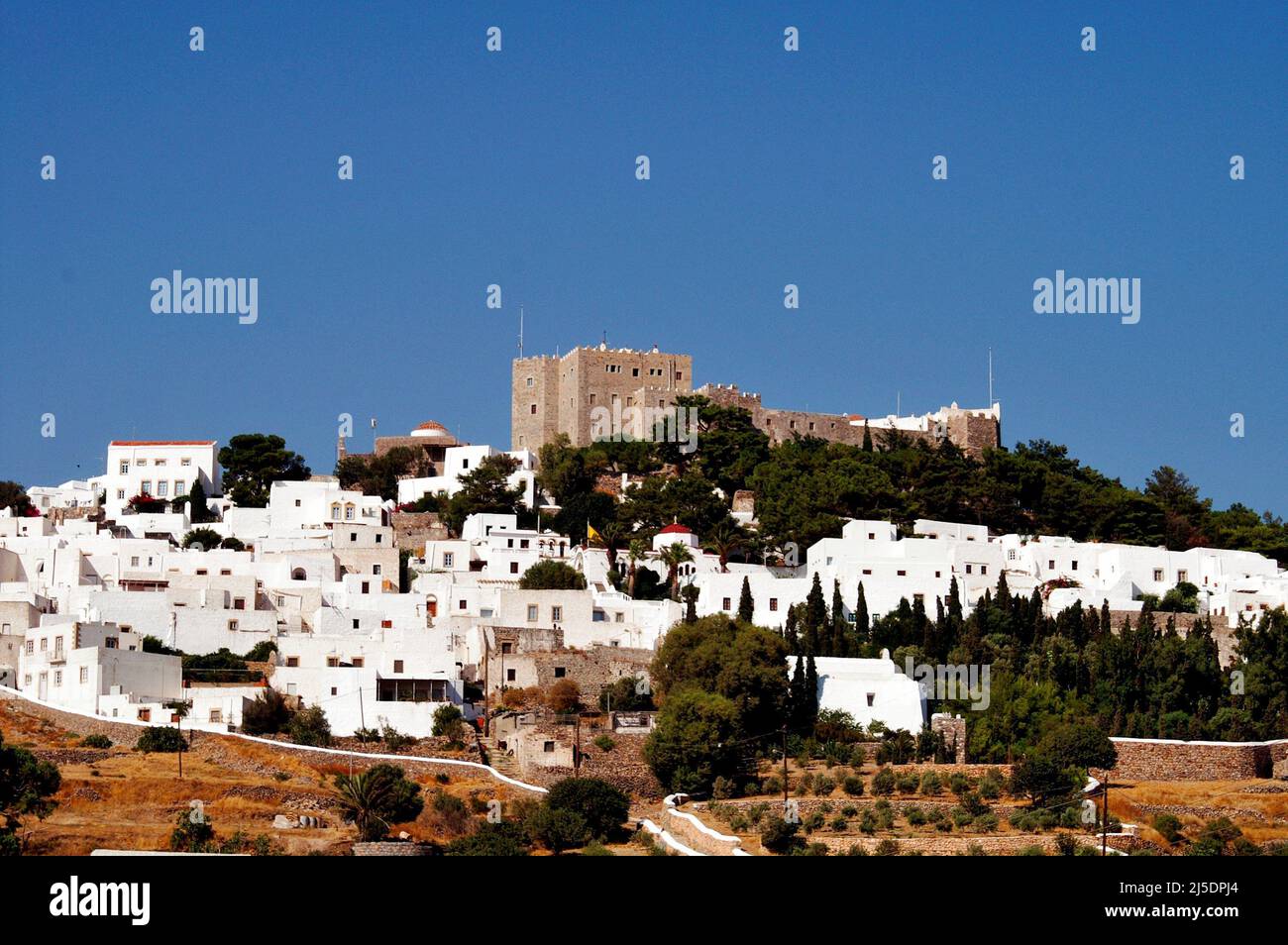 Greece, Patmos island, view of Hora with the monastery of St. John the ...