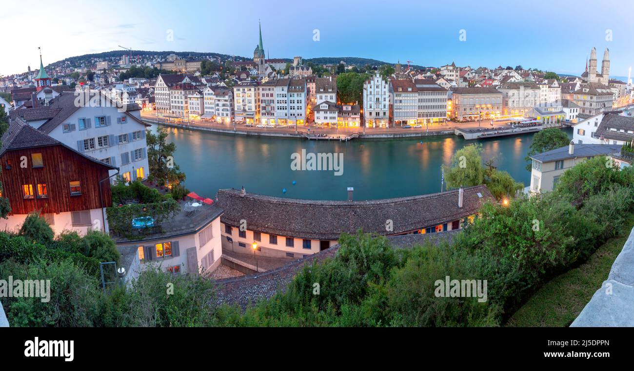 Scenic panoramic view of the city in the night view. Zurich ...