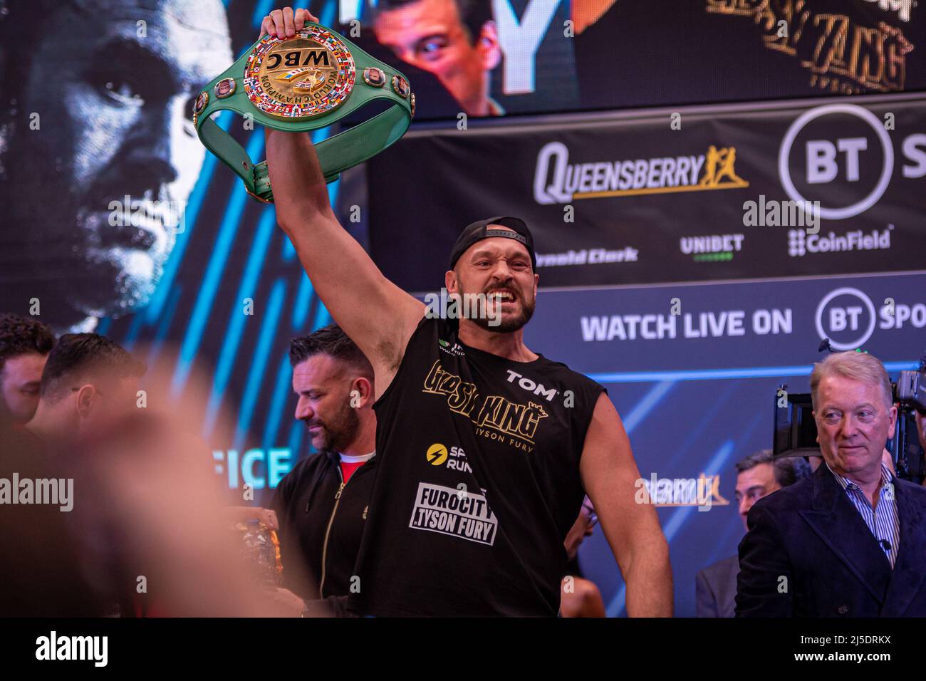 LONDON, ENGLAND - APRIL 22: Boxer Tyson Fury shows his WBC belt during ...