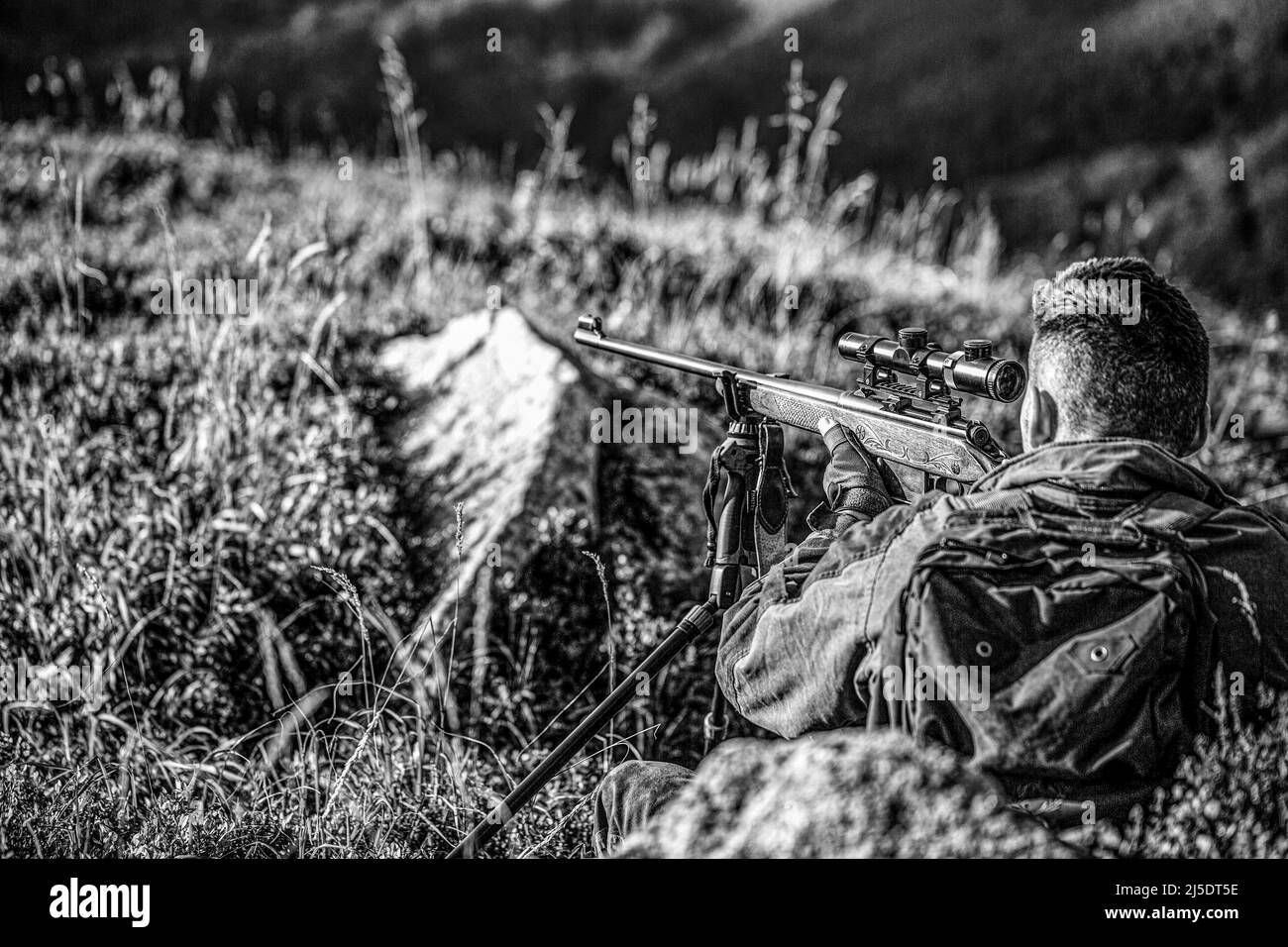 Hunting period. Male with a gun. Close up. Hunter with hunting gun and ...