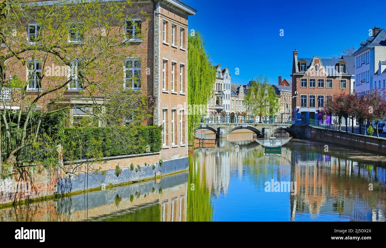 Lier, Belgium - April 9. 2022: View over village water moat on ancient ...