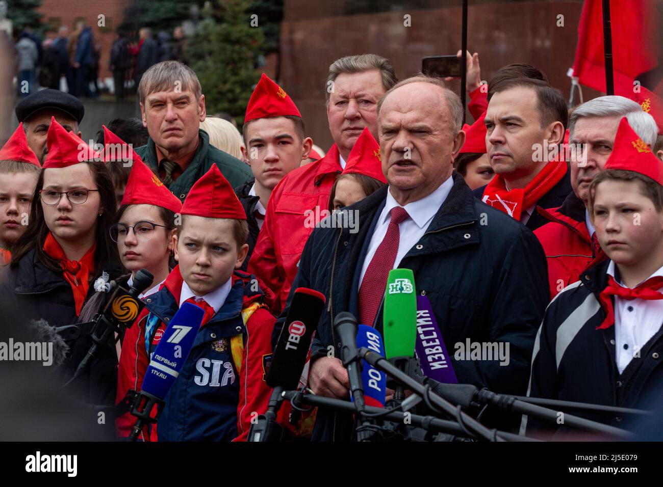 Moscow, Russia. 22th April, 2022. CPRF leader Gennady Zyuganov (C) and ...