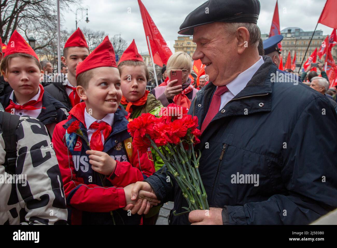 Moscow, Russia. 22th April, 2022. CPRF leader Gennady Zyuganov (C) and ...
