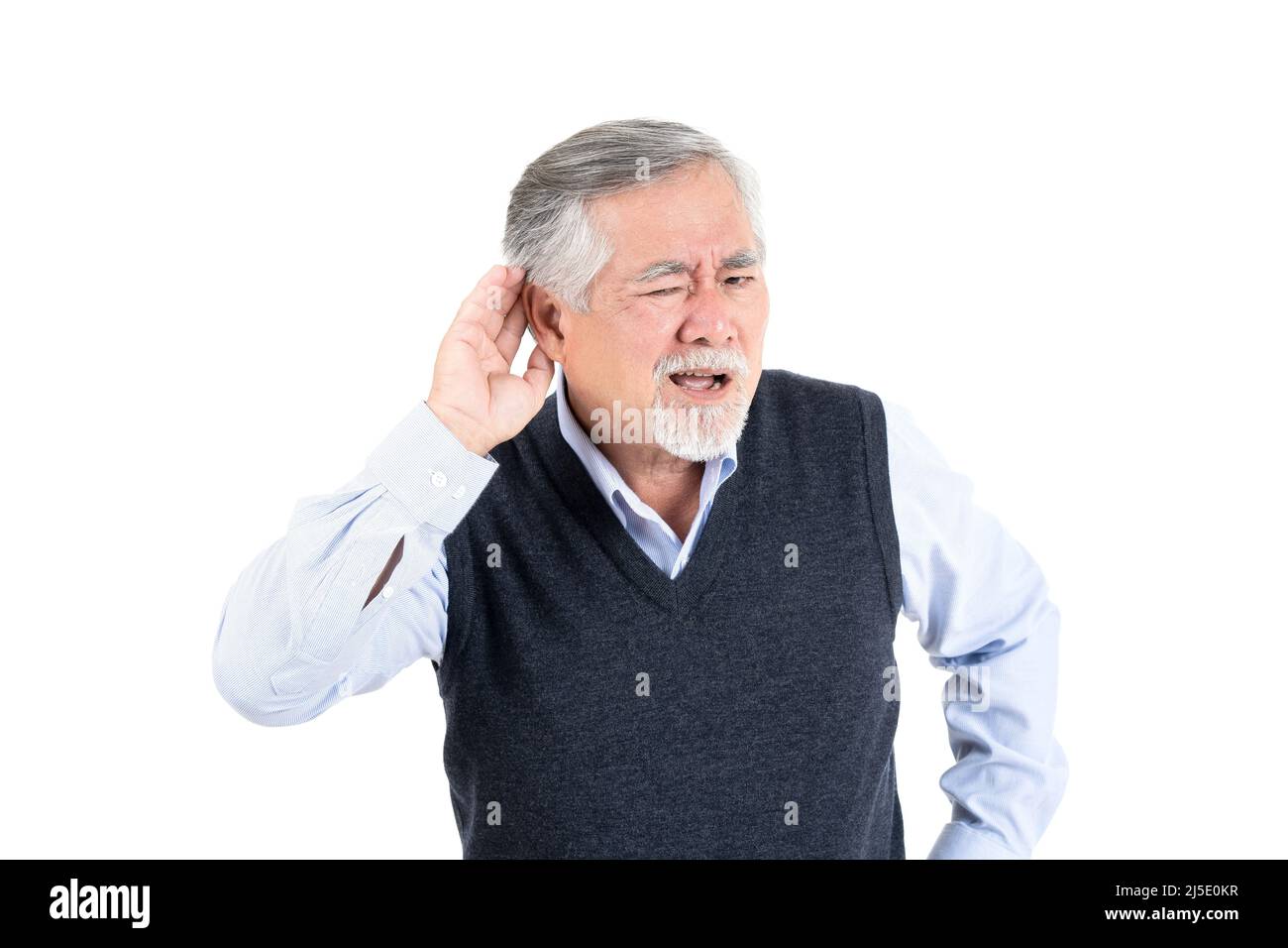 portrait old man hearing problem , unhappy old elderly male lifestyle health care and medical ...