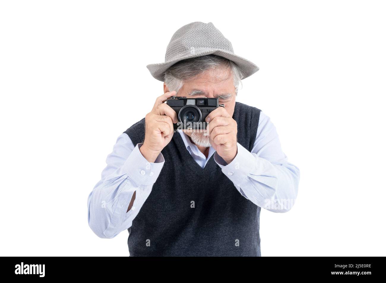 Happy asian elderly old man hobby photographer travel portrait copy ...