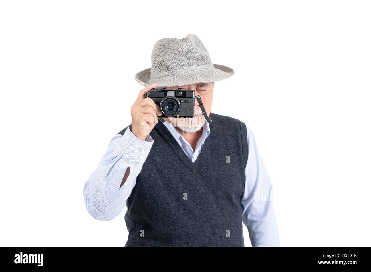 Happy asian elderly old man hobby photographer travel portrait copy ...